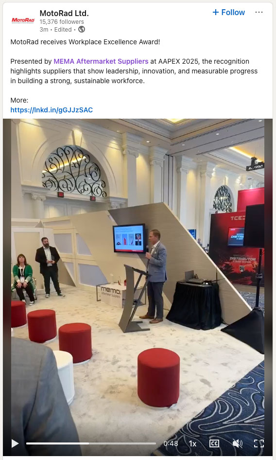 MotoRad wins MEMA Workplace Excellence Award at AAPEX 2025 | MotoRad